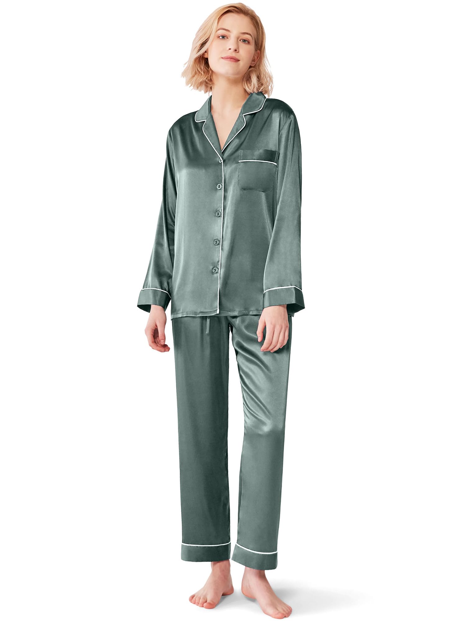 SIORO Womens Pajama Sets Silk PJ Satin Pijamas Two Piece Pants Set Sleepwear Loungewear PJS Plus Size, Greyish Green, X-Large
