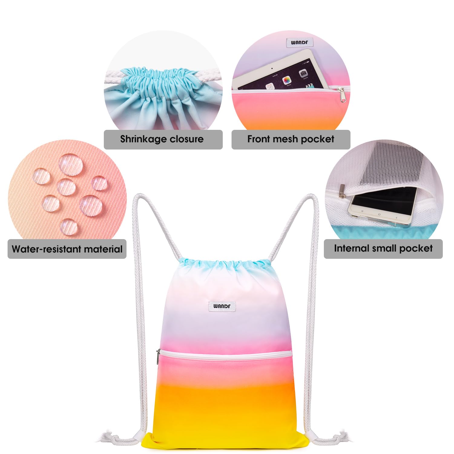 WANDF Drawstring Backpack String Bag Sackpack Cinch Water Resistant Nylon for Gym Shopping Sport Yoga (Rain bow)