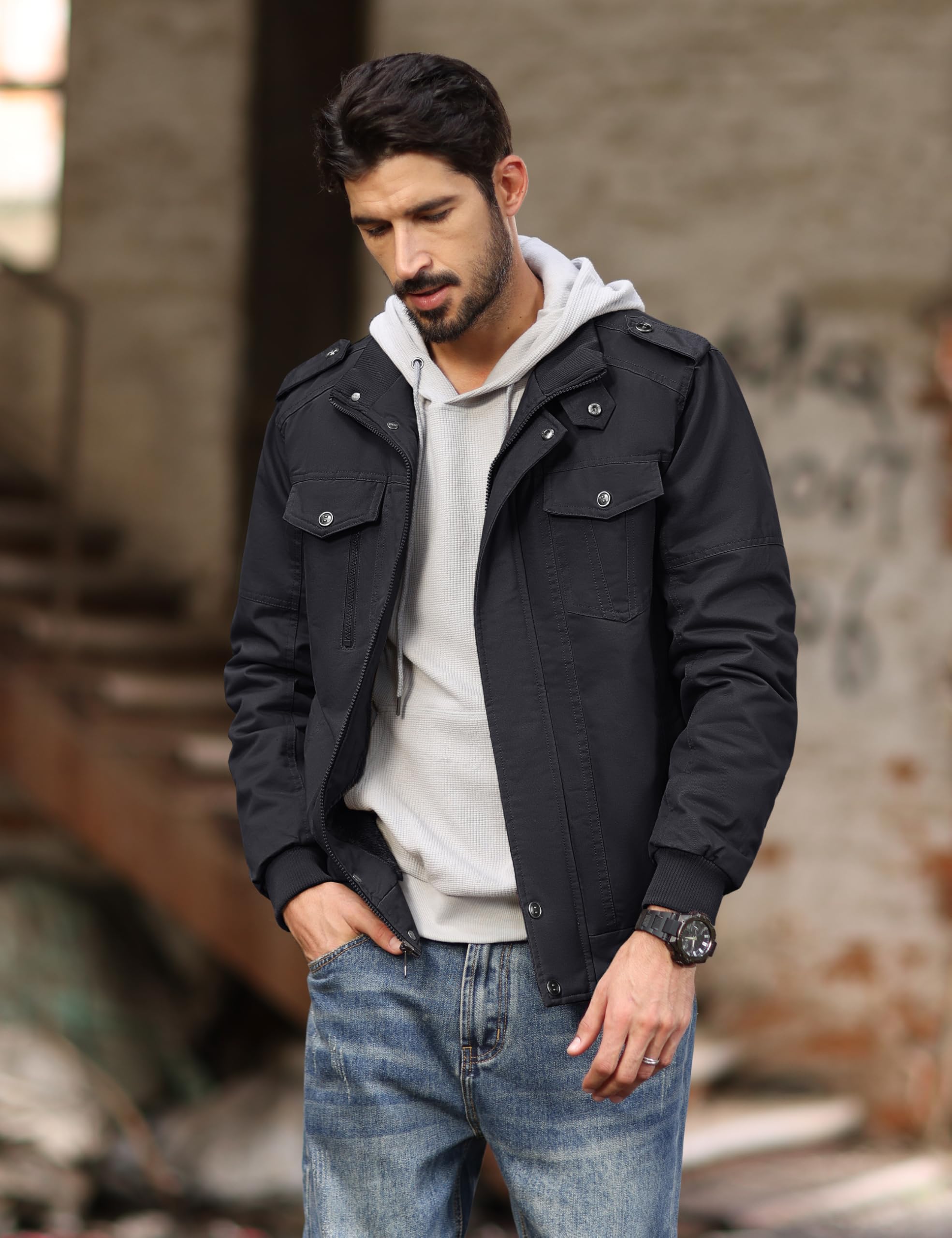 MAGCOMSEN Winter Jackets For Men Casual Warm Work Jacket Cotton Fleece Lined Trucker Jacket Canvas Black Jacket Men Security Coat Black L