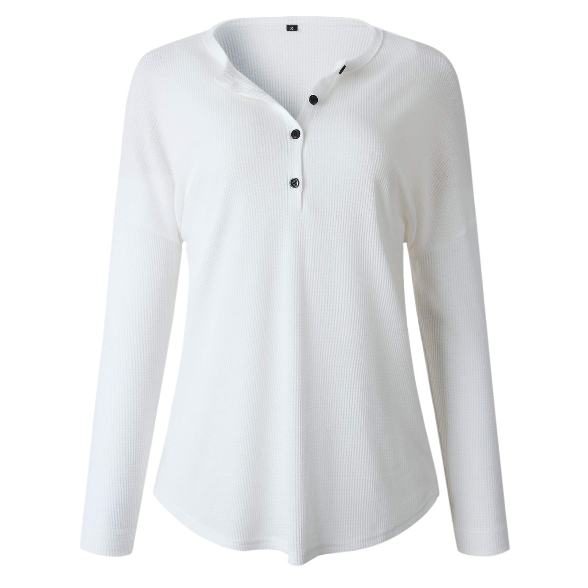 Famulily Women's Waffle Knit Tunic Tops Loose Long Sleeve Button Up V Neck Henley Shirts (White, Large)