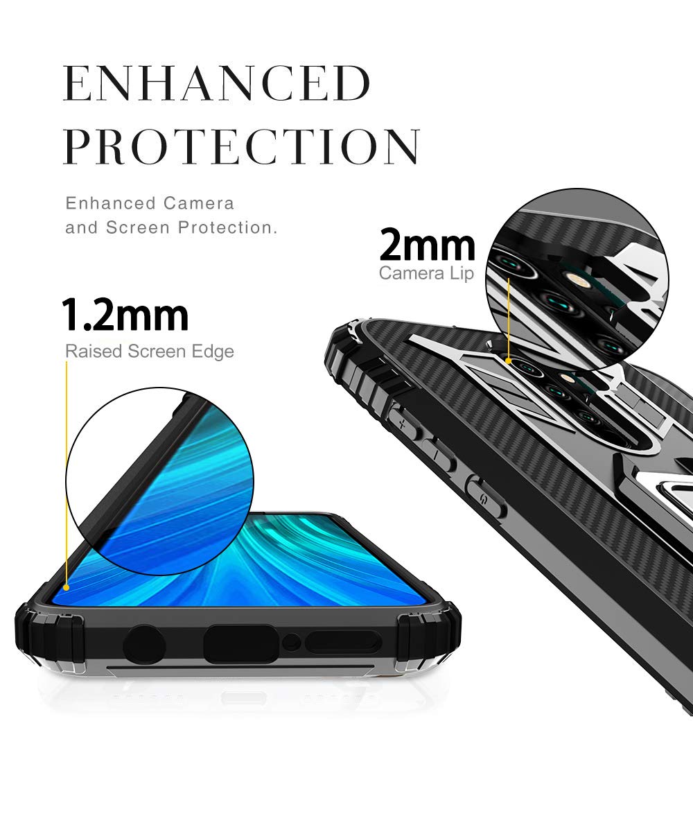 Avesfer for Xiaomi Redmi Note 8 Pro Case with Screen Protector Tempered Glass Ring Holder Kickstand Shock Absorbing TPU Phone Cover Ring Holder Kickstand Scratch Resistant Carbon Fiber (Black)
