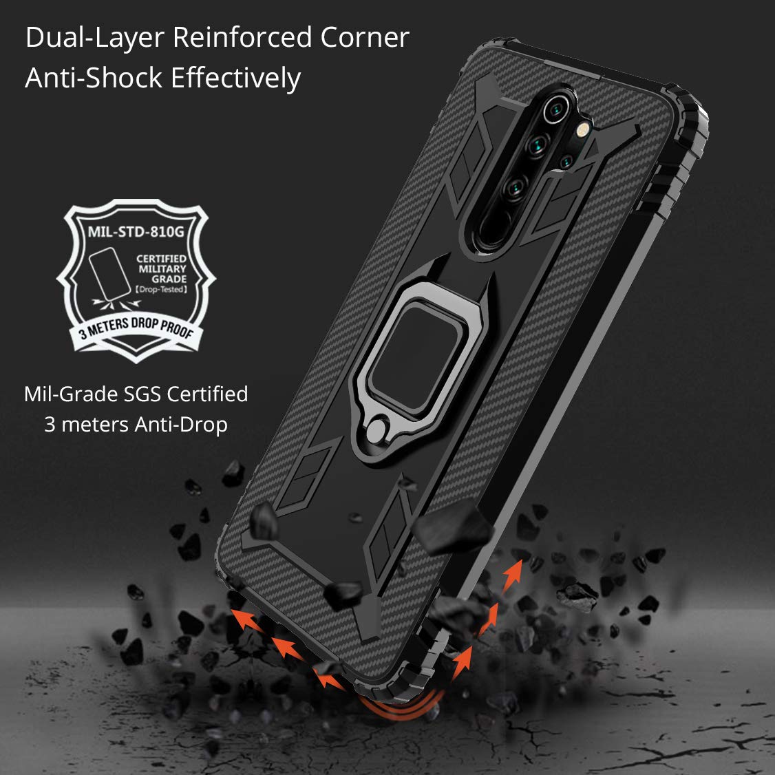 Avesfer for Xiaomi Redmi Note 8 Pro Case with Screen Protector Tempered Glass Ring Holder Kickstand Shock Absorbing TPU Phone Cover Ring Holder Kickstand Scratch Resistant Carbon Fiber (Black)