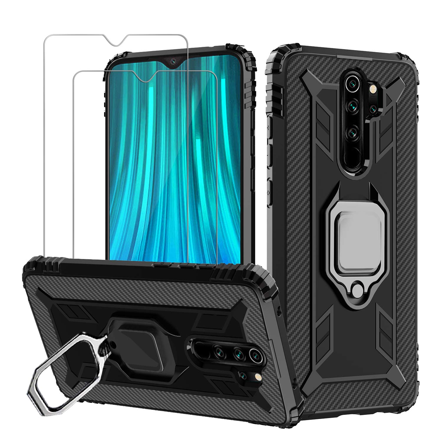 Avesfer for Xiaomi Redmi Note 8 Pro Case with Screen Protector Tempered Glass Ring Holder Kickstand Shock Absorbing TPU Phone Cover Ring Holder Kickstand Scratch Resistant Carbon Fiber (Black)