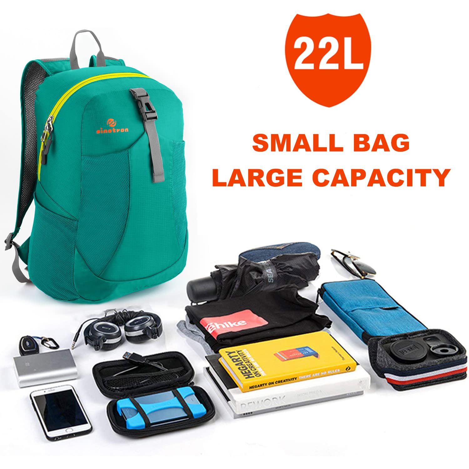 sinotron Lightweight Packable Backpack,Small Foldable Hiking Backpack Day Pack for Travel Camping Outdoor Vacation(Green)