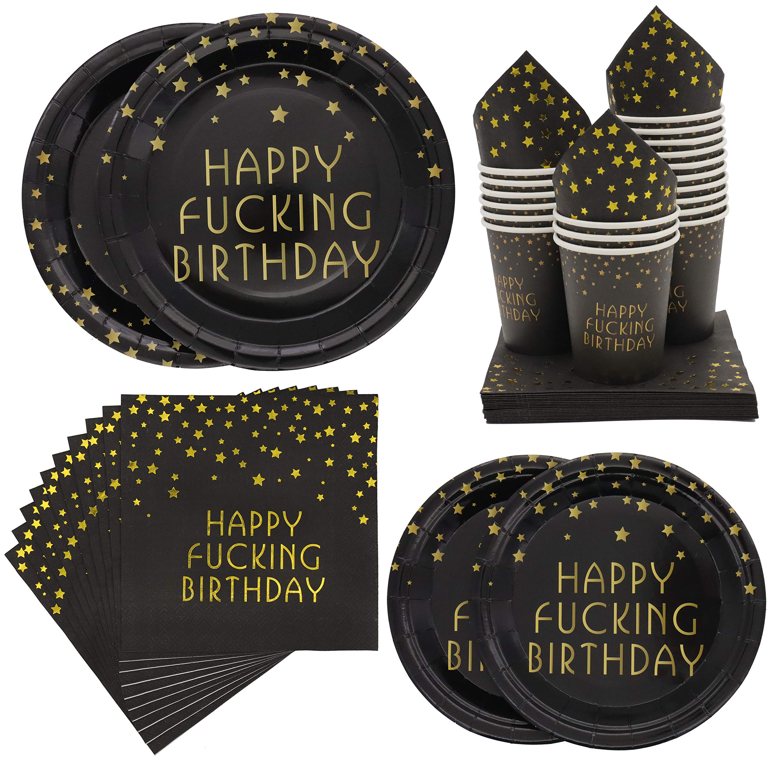 Pandecor 120 PCS Black and Gold Happy FING Birthday party supplies -Serves 30- Include Dinner Plates,Dessert Plates,Cups and Napkins for Adult Funny Birthday Party