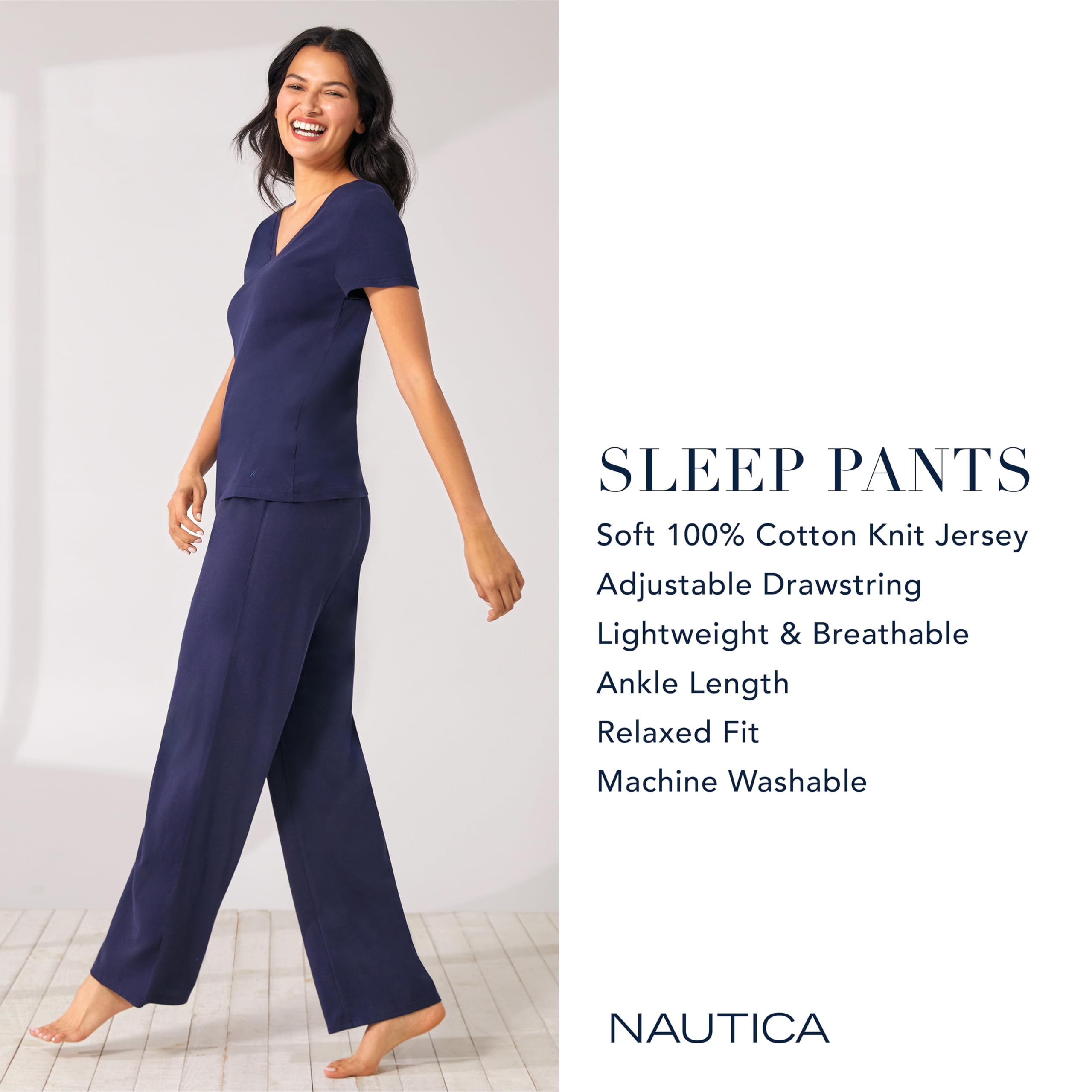 Nautica Womens Sleep Pants - Long Length, Breathable Pajama Bottoms - Cotton Knit Jersey Sleepwear and Loungewear - Navy - 3X