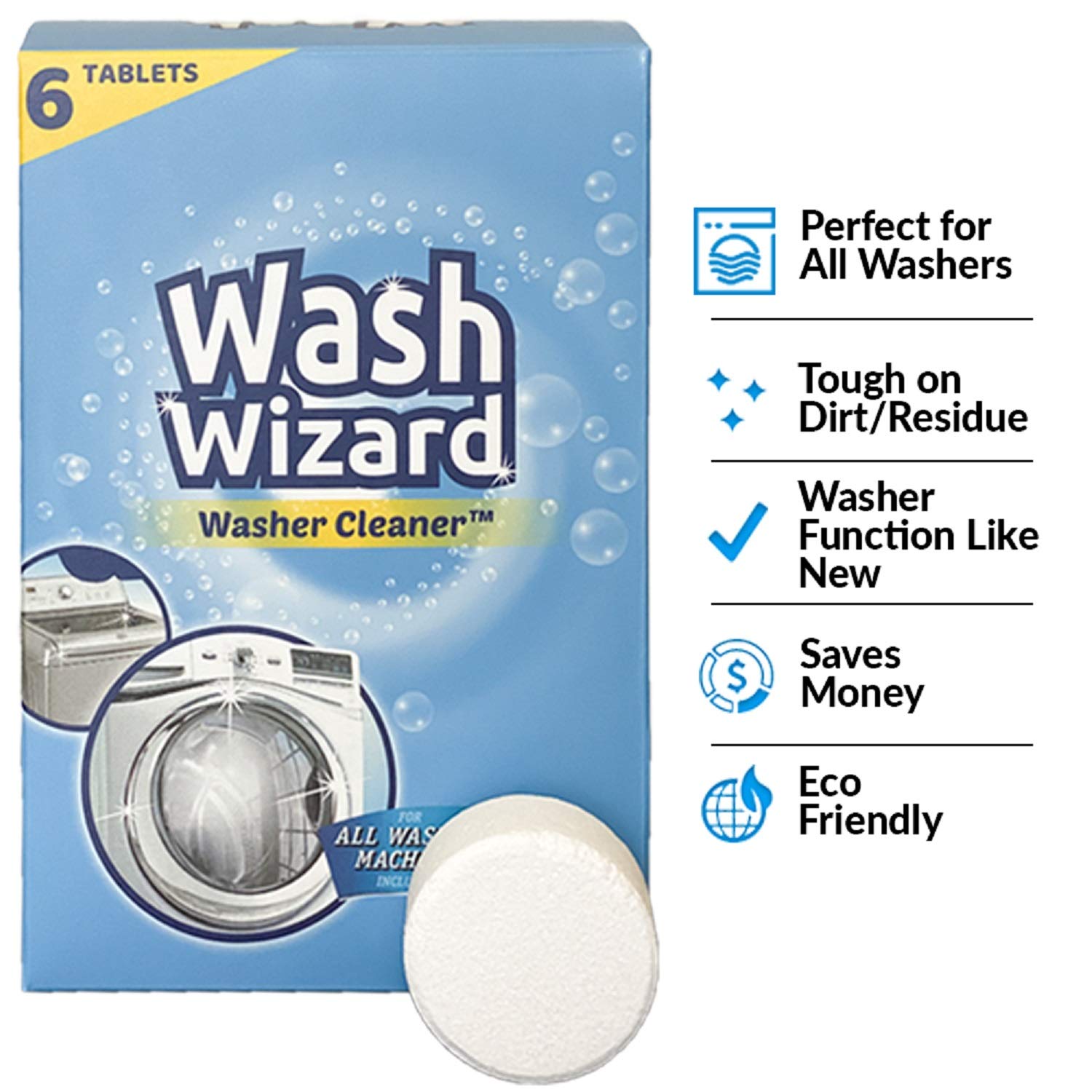 WASH WIZARD - Washing Machine Cleaner - White 6 Tablets, Cleans Front Load and Top Load Washers Including HE, Safe For all Washer Components and Septic Tanks