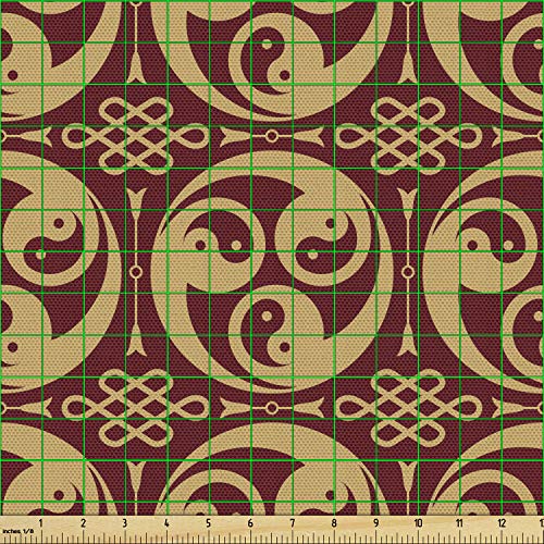 Ambesonne Yin Yang Fabric by The Yard, Oriental in Triple Circular Form with Everlasting Knot, Decorative Fabric for Upholstery and Home Accents, Sand Brown and Ruby