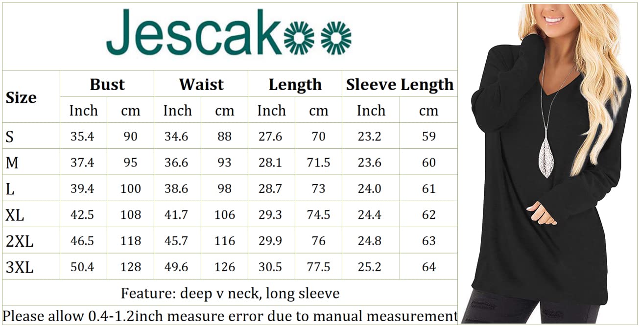 Jescakoo Tunic Tops for Leggings for Women Fall V Neck T Shirts Pullover Long Sleeve Black XL