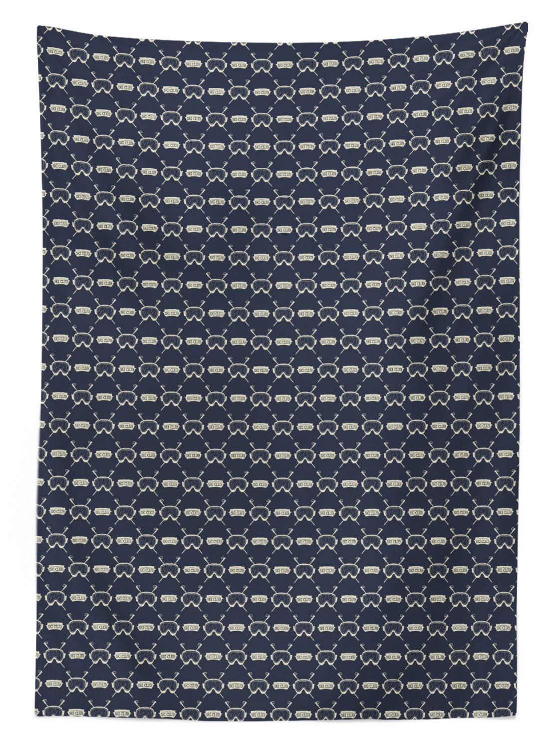 Ambesonne Ski Pattern Outdoor Tablecloth, Ski Club Lettering with Crossing Poles and Goggles Monochrome Design, Decorative Washable Picnic Table Cloth, 58" X 120", Dark Blue Grey Ivory