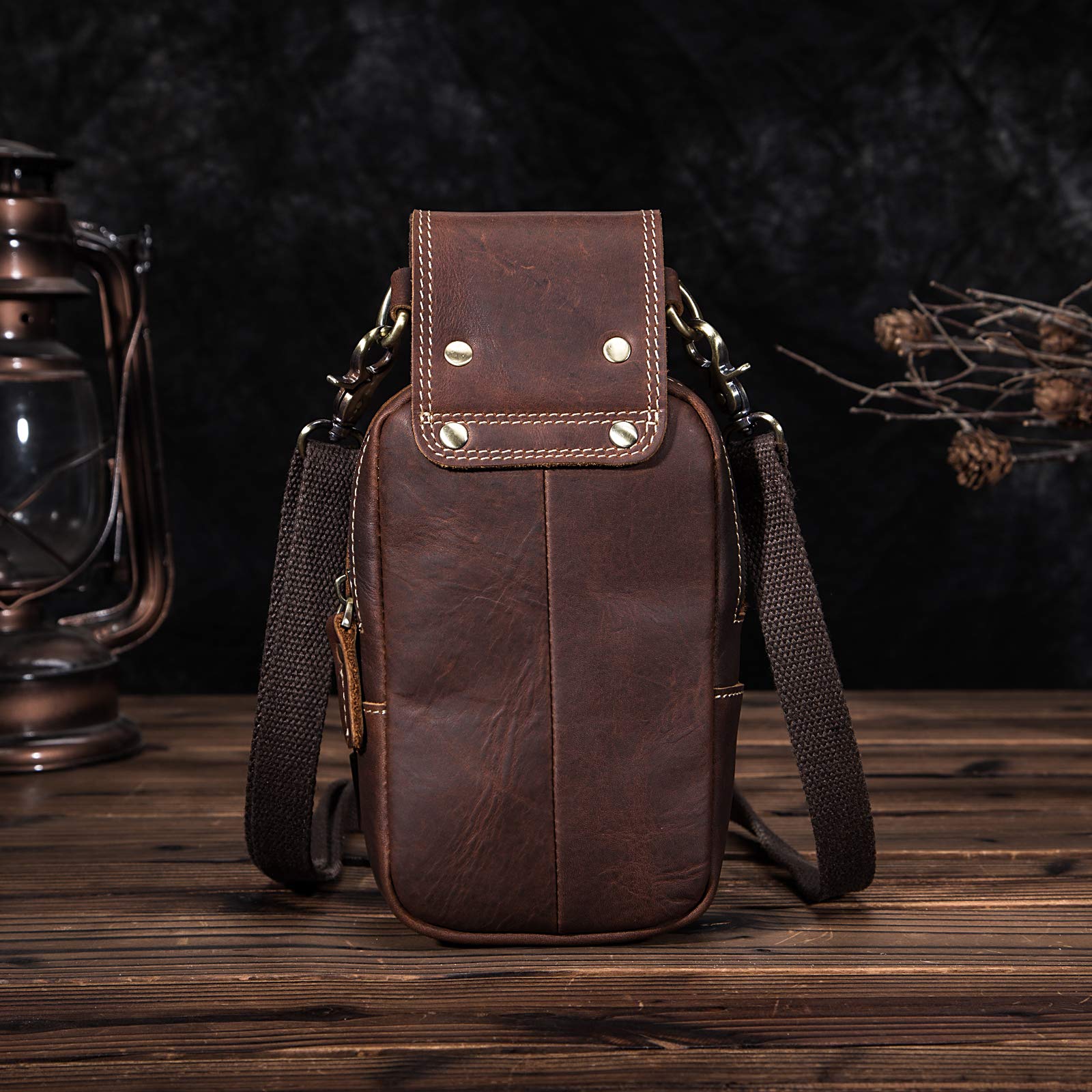 Le'aokuu Mens Genuine Leather Coffee Fanny Small Messenger Shoulder Satchel Waist Bag Pack (V832 DB)