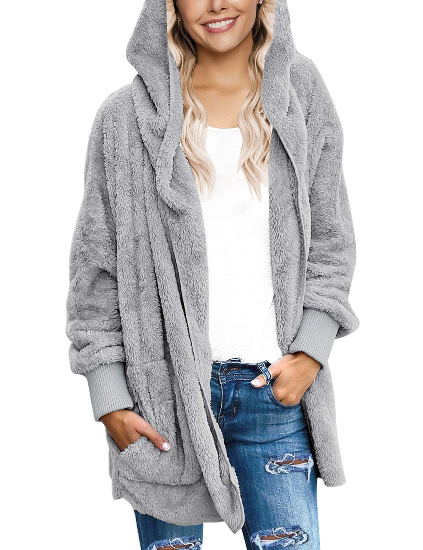 luvamia Women Coat Outfits Cardigan Women's Cardigans Woman Coats and Jackets Sherpa Jacket Women Quite Gray Size Small Size 4 Size 6
