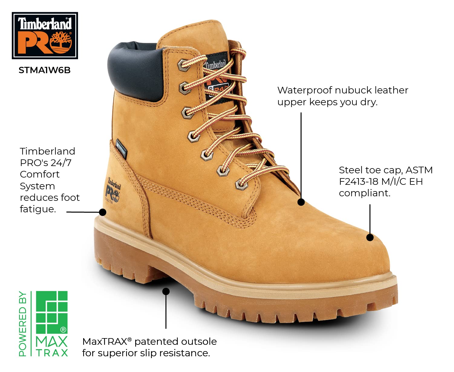 Timberland PRO 6IN Direct Attach Men's, Wheat, Steel Toe, EH, MaxTRAX Slip Resistant, WP Boot (8.0 M)
