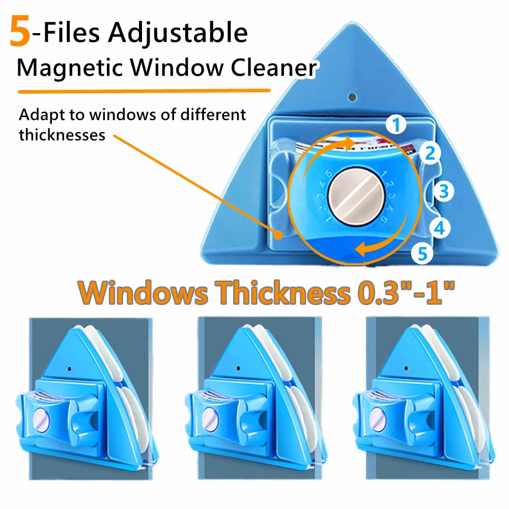 KOKITEA Double-Sided Window Cleaner Glass Wiper Magnetic Cleaning Tools, 5-Gears Adjustable Magnetic Glider Washing Brush Tools, for High-Rise Double Thick Glazed Windows Thickness 0.3"-1" (Blue)