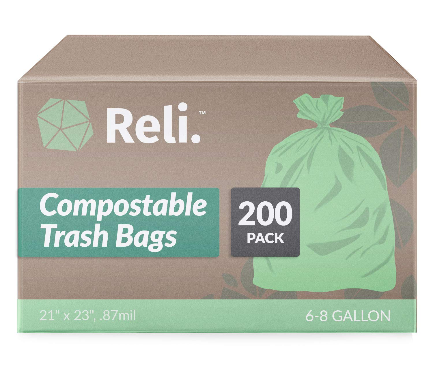 Reli. Compostable 6-8 Gallon Trash Bags | 200 Count Bulk | ASTM D6400 | Green | Eco-Friendly | For Compost