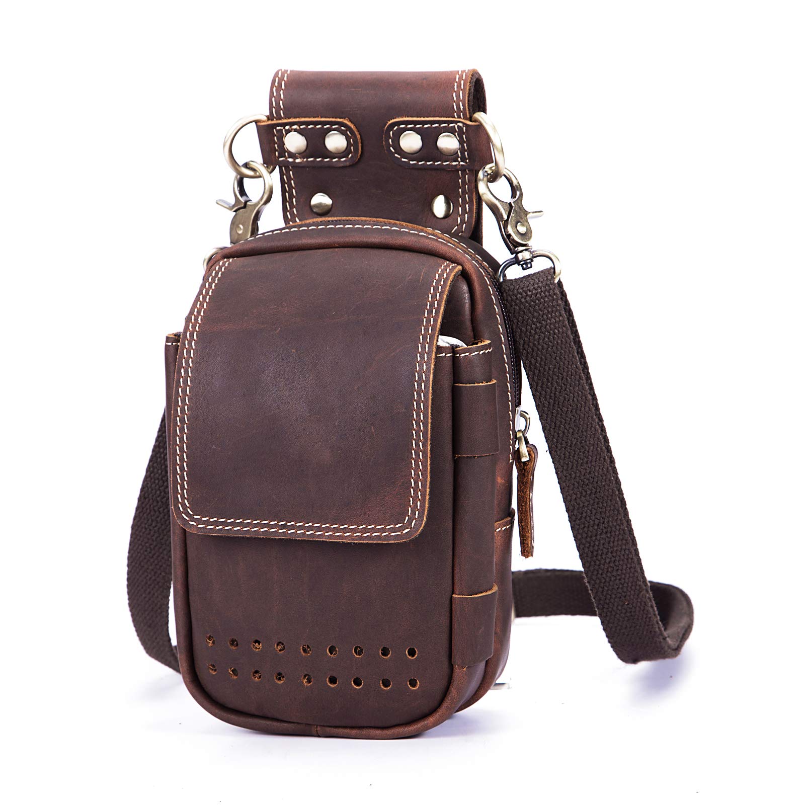 Le'aokuu Mens Genuine Leather Coffee Fanny Small Messenger Shoulder Satchel Waist Bag Pack (V832 DB)