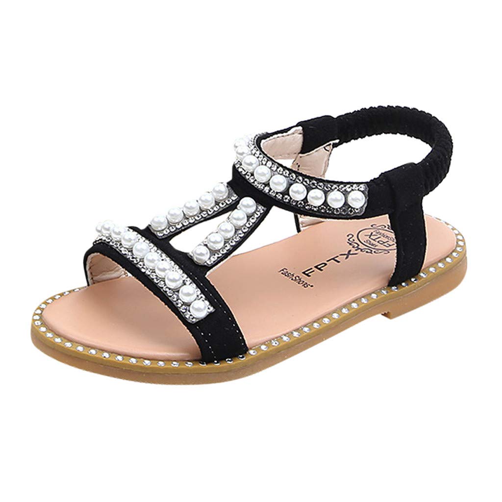 WUAI Kids Baby Girls Summer Sandals Fashion Boho Princess Flat Shoes Crystal Beach Roman Sandals 1-6Years(Black,3.5-4Years)