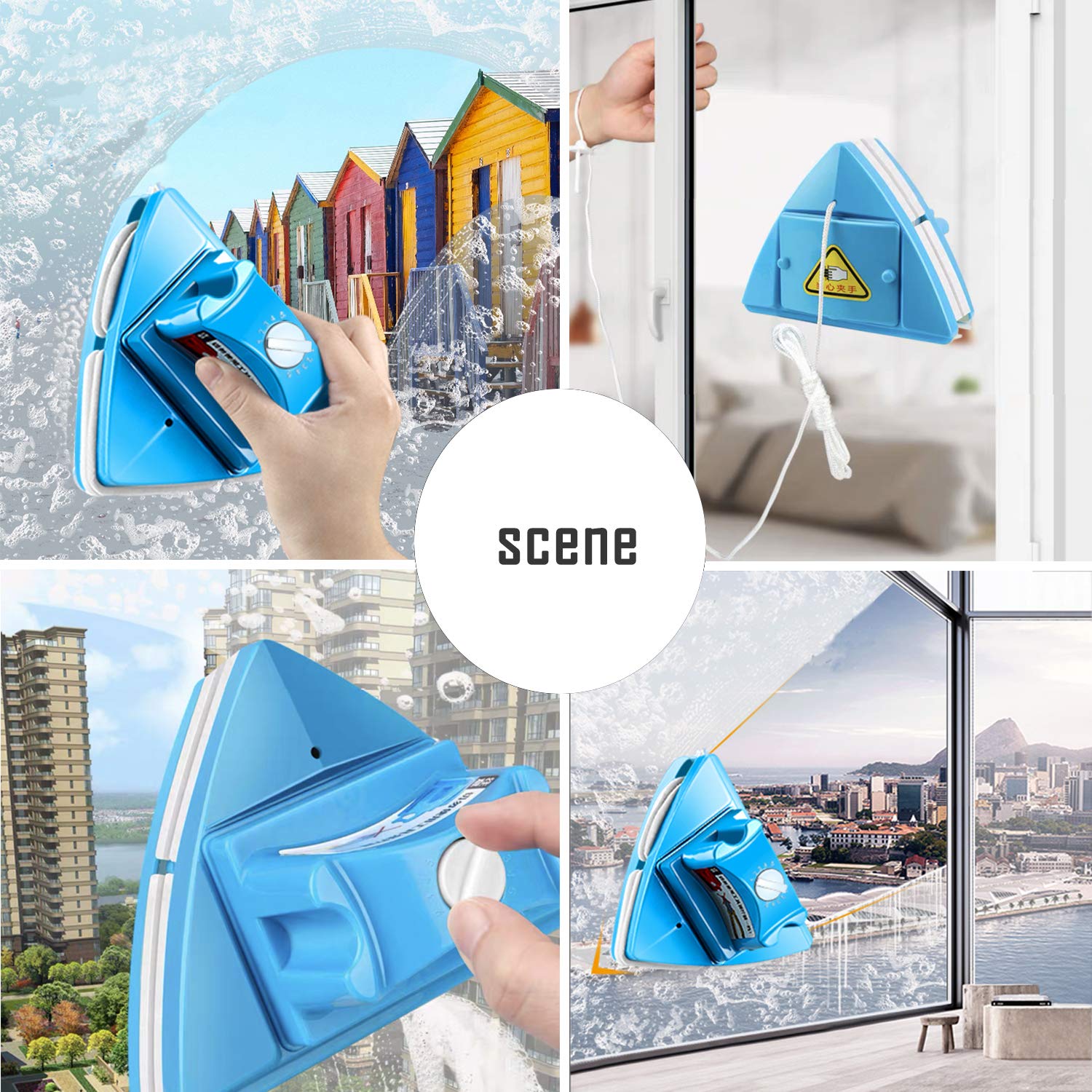 KOKITEA Double-Sided Window Cleaner Glass Wiper Magnetic Cleaning Tools, 5-Gears Adjustable Magnetic Glider Washing Brush Tools, for High-Rise Double Thick Glazed Windows Thickness 0.3"-1" (Blue)