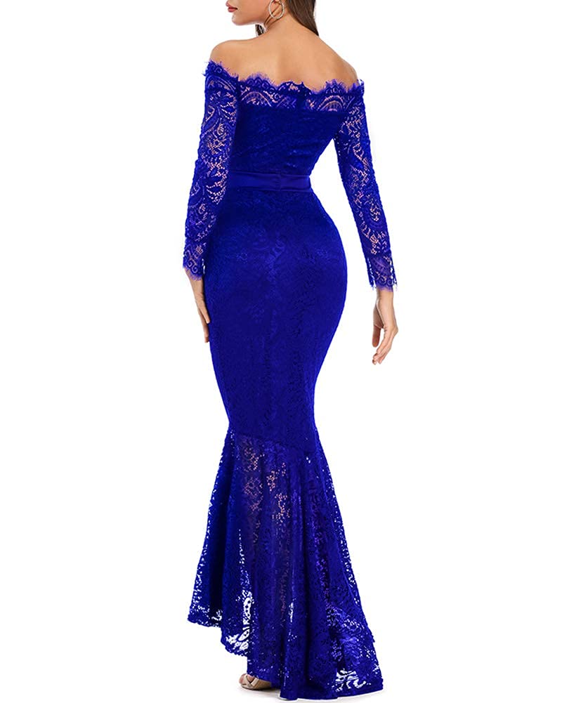 LALAGEN Women's Floral Lace Long Sleeve Off Shoulder Wedding Mermaid Dress Blue M