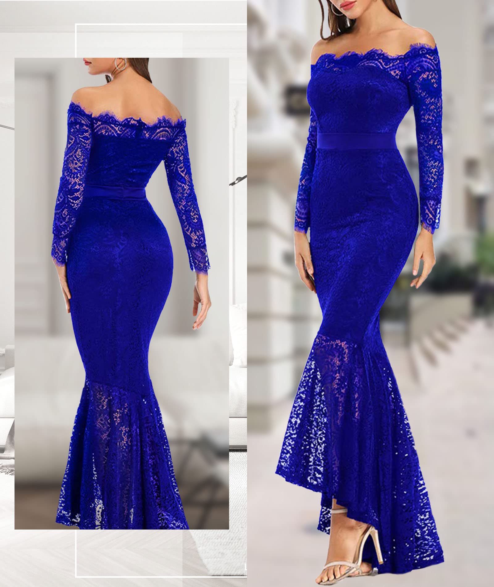LALAGEN Women's Floral Lace Long Sleeve Off Shoulder Wedding Mermaid Dress Blue M