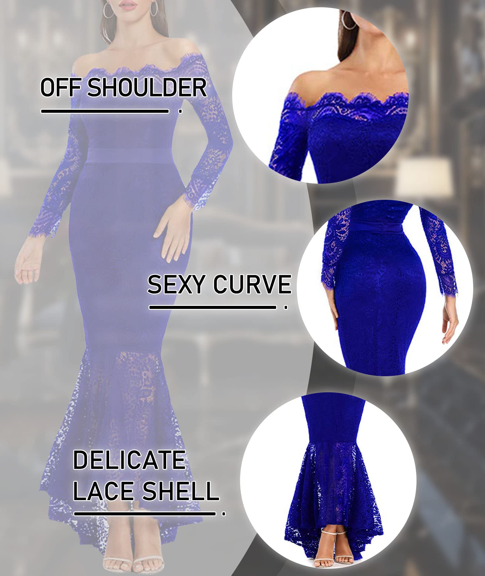 LALAGEN Women's Floral Lace Long Sleeve Off Shoulder Wedding Mermaid Dress Blue M