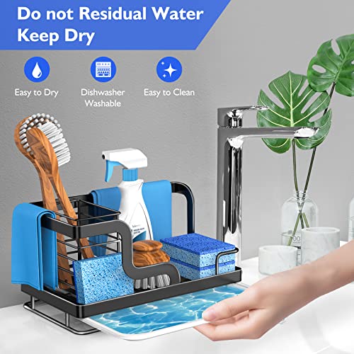Sink Caddy Sponge Holder,VVHAOS Kitchen Sink Organizer for Dish Rag Soap Brush,Dishcloth Holder with Drain Pan 304 Stainless Steel (Black)