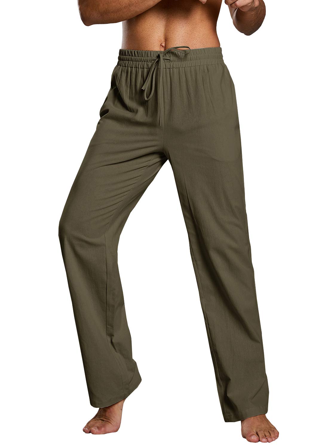 PASLTER Mens Casual Linen Pants Loose Fit Straight-Legs Elastic Drawstring Waist Summer Beach Yoga Long Pants