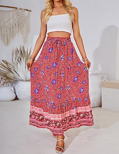 ZESICA Women's 2025 Summer Bohemian Floral Printed Elastic Waist A Line Maxi Skirt with Pockets,Floral Red,Small