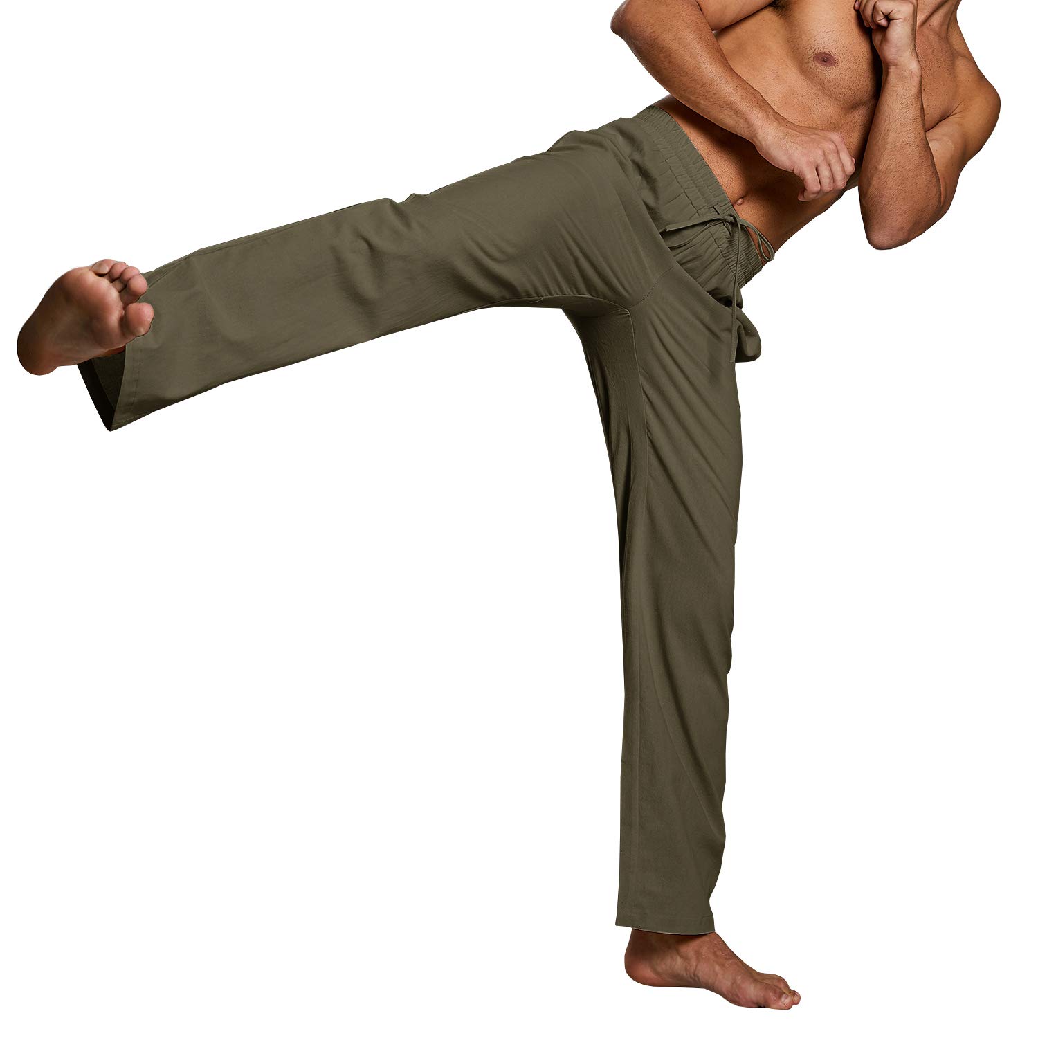 PASLTER Mens Casual Linen Pants Loose Fit Straight-Legs Elastic Drawstring Waist Summer Beach Yoga Long Pants