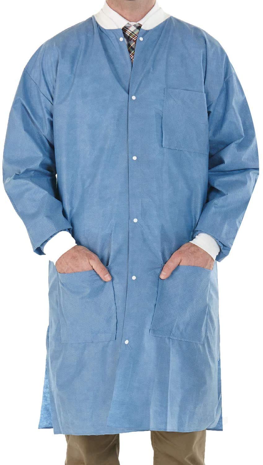 EOM Disposable Lab Coats - Lab Coats for Men and Women - Knee Length Lab Coat with Knit Cuffs and Collar - Medical Lab Jacket for Adults - Pack of 10, (Large Size)
