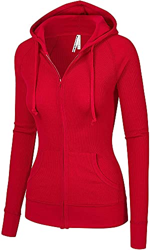 OLLIE ARNES Women's Thermal Long Hoodie Zip Up Jacket Sweater Tops Thermal_RED XL