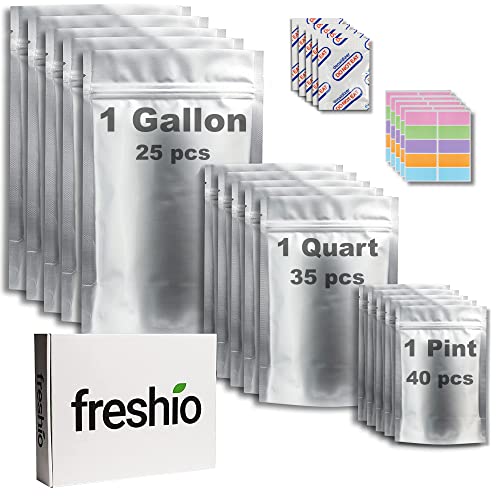Freshio 10 Mil Extra thick Resealable Mylar Bags for Food Storage - Pack of 100 Mylar bags with oxygen absorbers 300 cc & Labels - 1 Gallon (25 pcs) - 1 Quart (35 pcs) - 1 Pint (40 pcs).