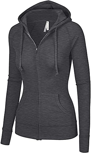 OLLIE ARNES Women's Thermal Long Zip Up Hoodie Jacket Sweatshirt Charcoal L