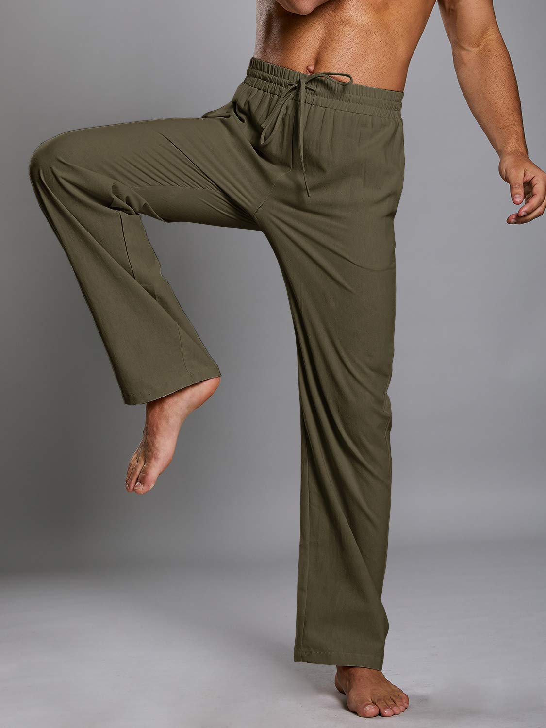 PASLTER Mens Casual Linen Pants Loose Fit Straight-Legs Elastic Drawstring Waist Summer Beach Yoga Long Pants