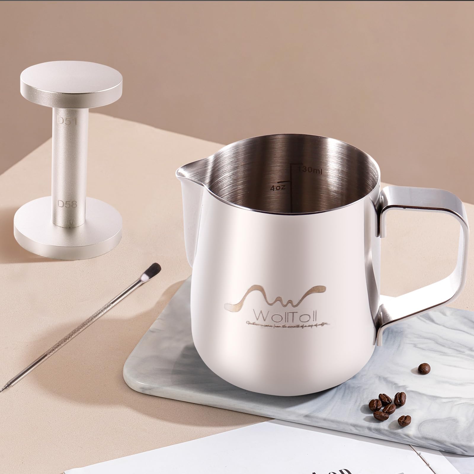 MMtong Coffee Tamper, Espresso Tamper Set 51/58mm for Espresso Barista,Aluminum Tamper Press plus Free 5oz/150ml Milk Frothing Pitcher with Art Pen, Silver