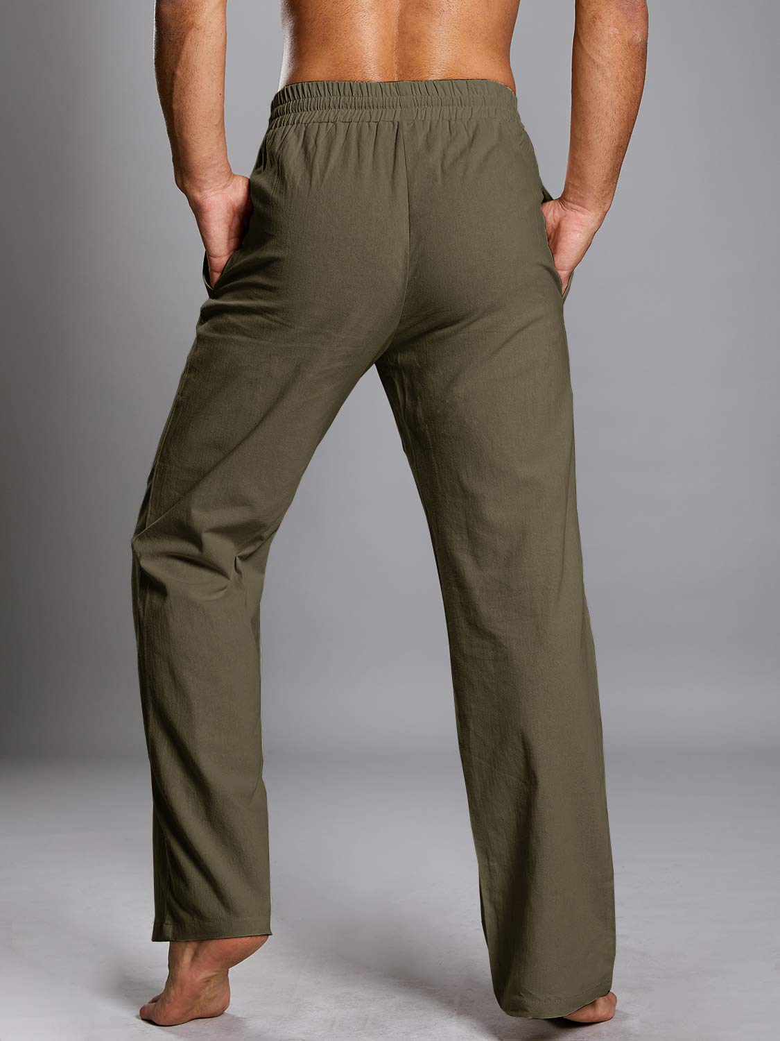 PASLTER Mens Casual Linen Pants Loose Fit Straight-Legs Elastic Drawstring Waist Summer Beach Yoga Long Pants