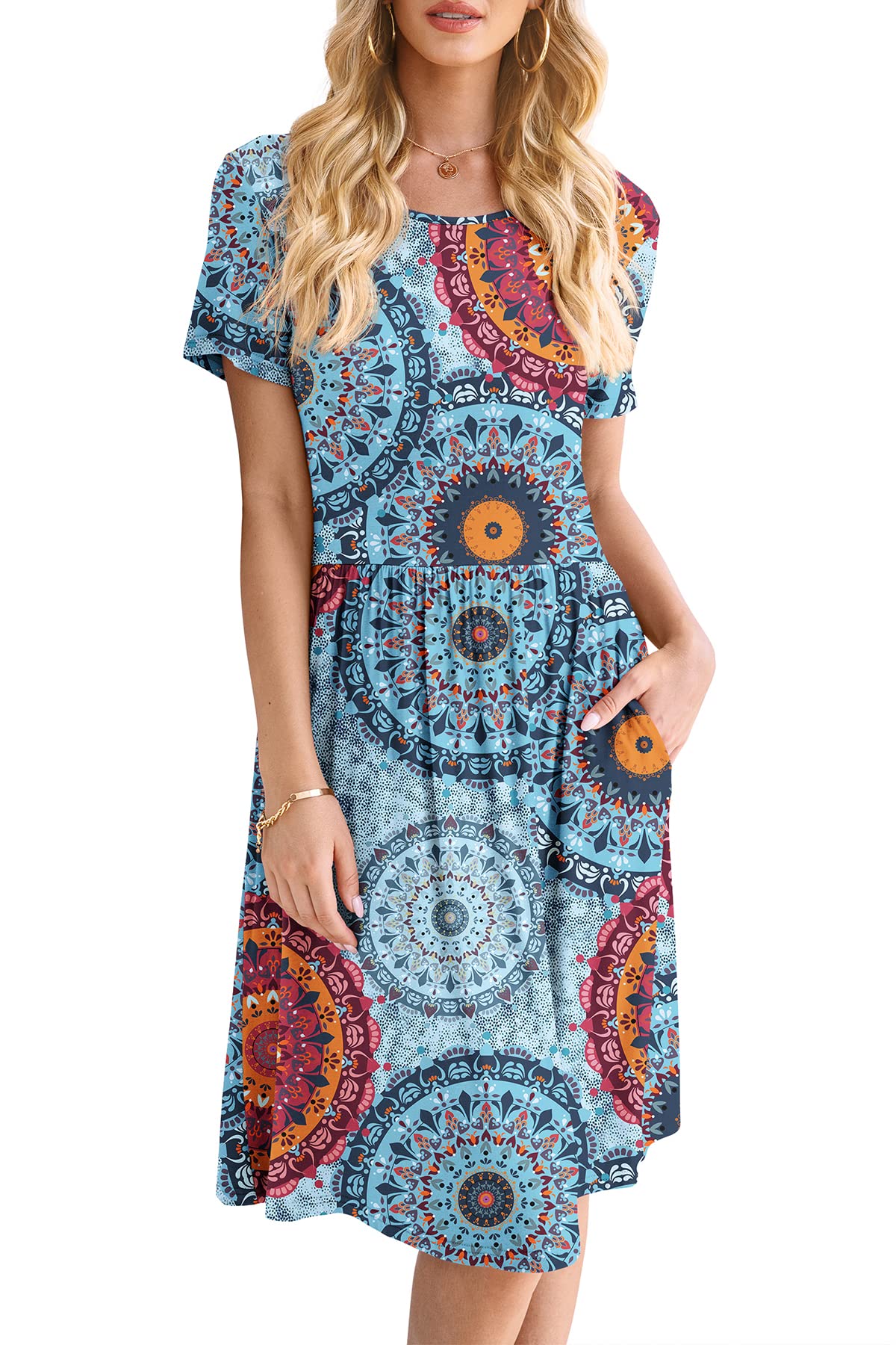 DB MOON Women Summer Casual Short Sleeve Dresses Empire Waist Dress with Pockets (Flower Mix Blue, M)