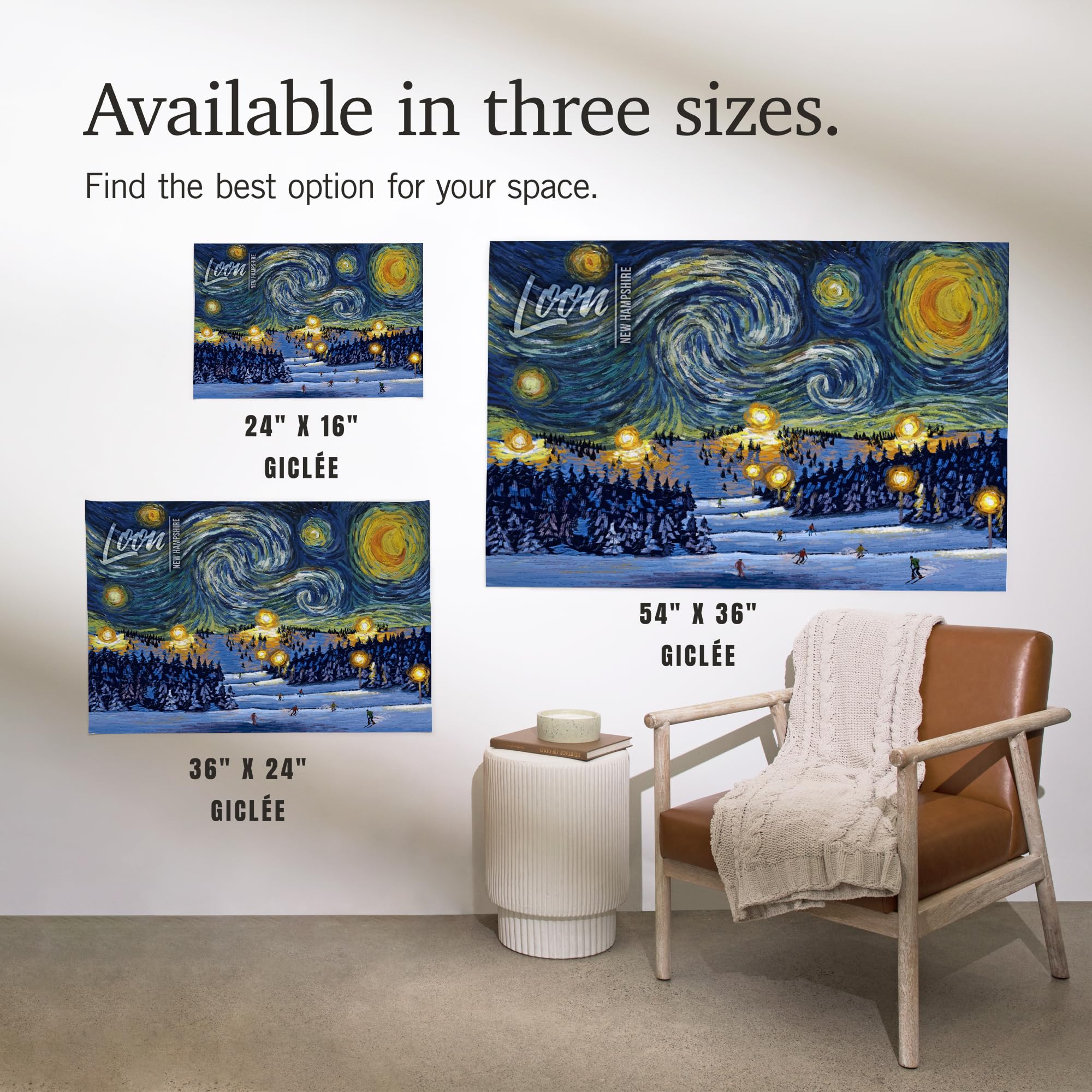 Lantern Press 24x36 Inch Giclee Art Print Wall Decor, Loon New Hampshire Ski Starry Night