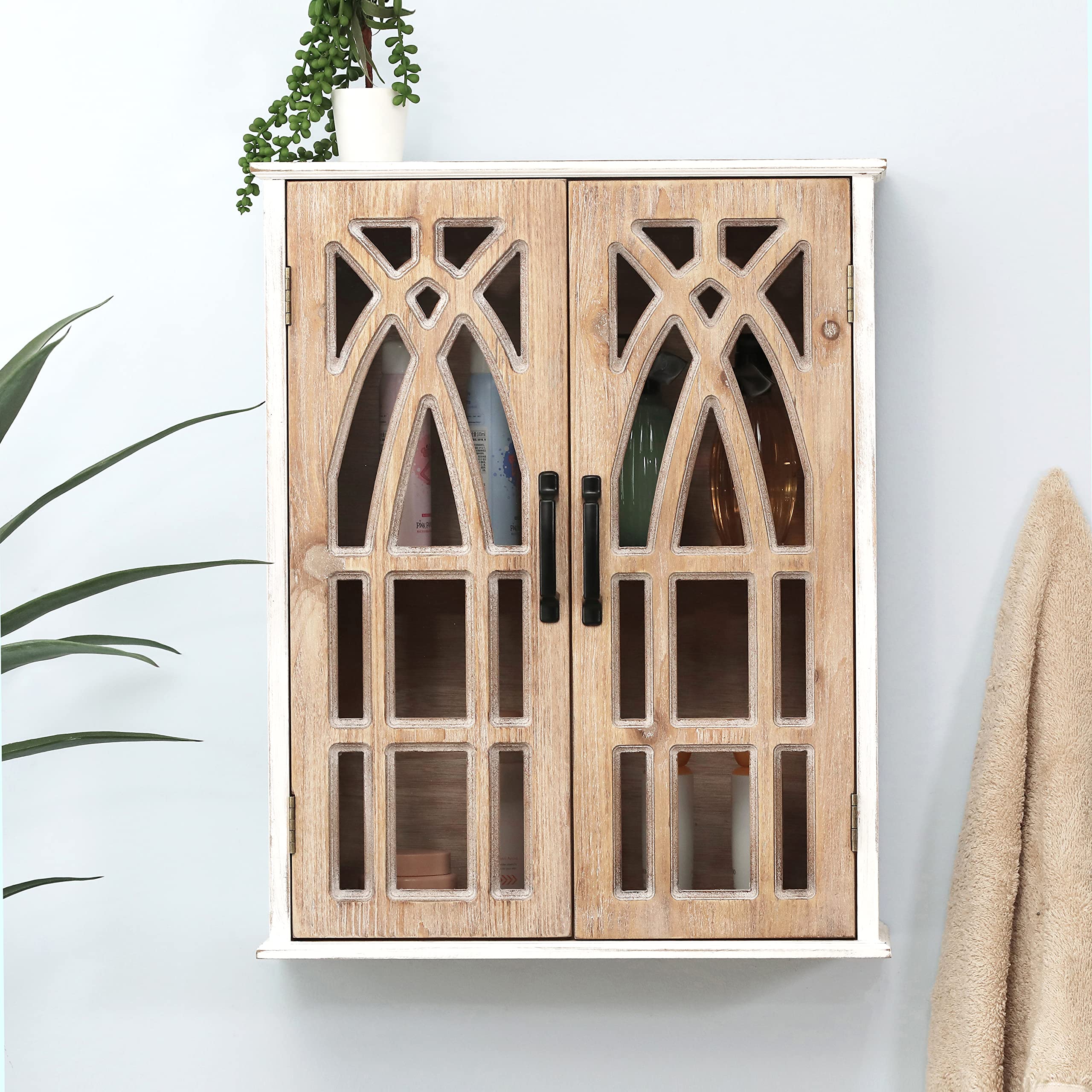 LuxenHome Farmhouse Wall Cabinet with 2 Door, 20" Floating Storage Cabinet with Shelves for Kitchen, Bathroom, Home Office,Utility Room Disdressed White Wood Wall-Mounted Storage for Small Spaces