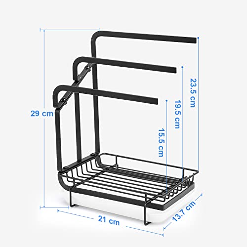 Sponge Holder with Drain Pan for Kitchen Sink Kitchen Towel Rack Sink Caddy Organizer for Dish Sponge Brush Soap Dishcloth Holder(Black)