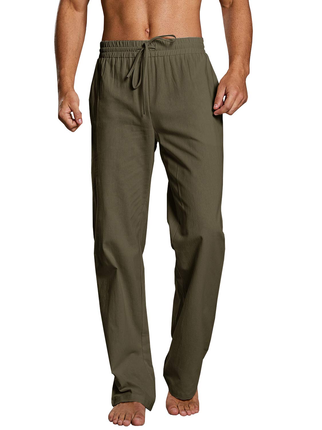 PASLTER Mens Casual Linen Pants Loose Fit Straight-Legs Elastic Drawstring Waist Summer Beach Yoga Long Pants
