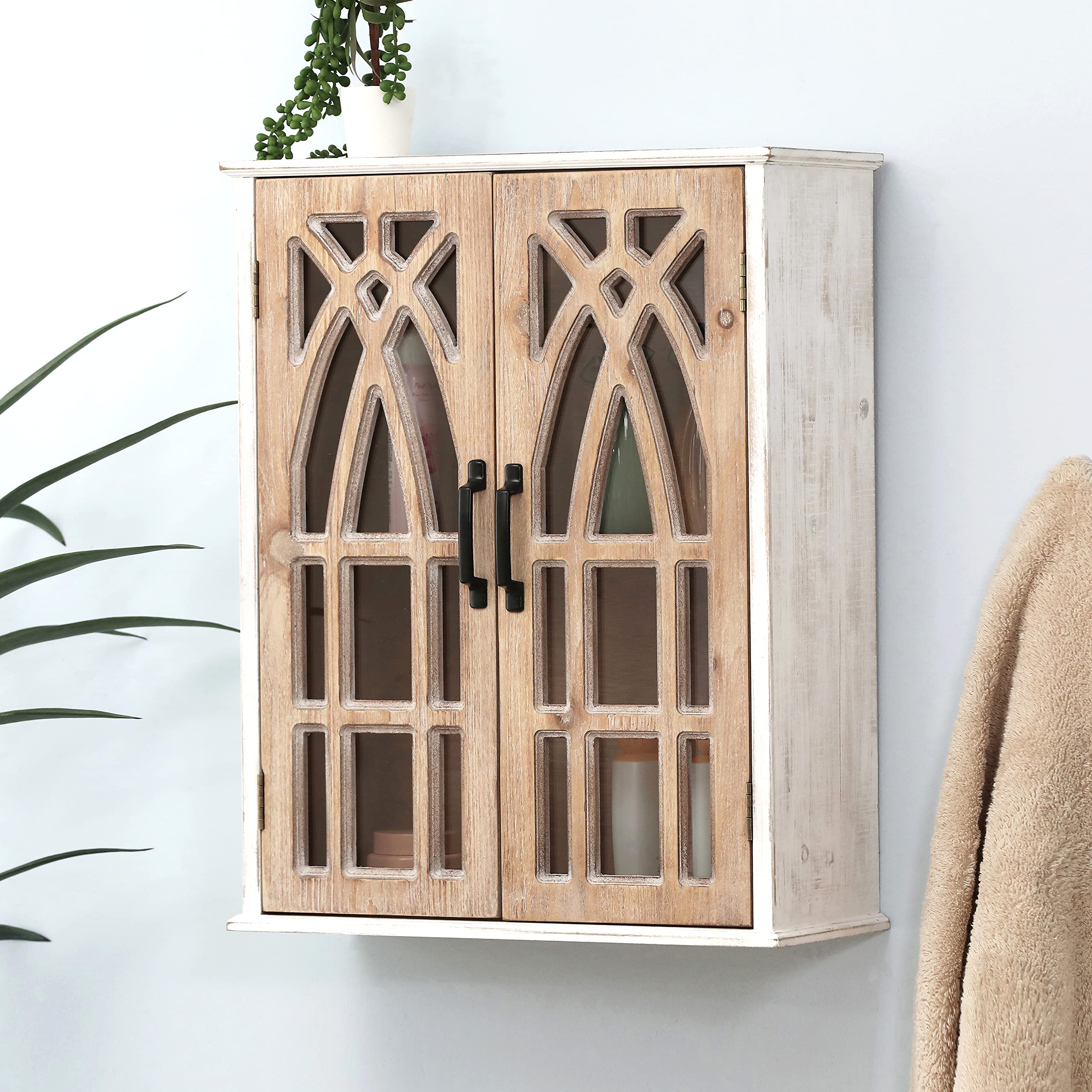 LuxenHome Farmhouse Wall Cabinet with 2 Door, 20" Floating Storage Cabinet with Shelves for Kitchen, Bathroom, Home Office,Utility Room Disdressed White Wood Wall-Mounted Storage for Small Spaces