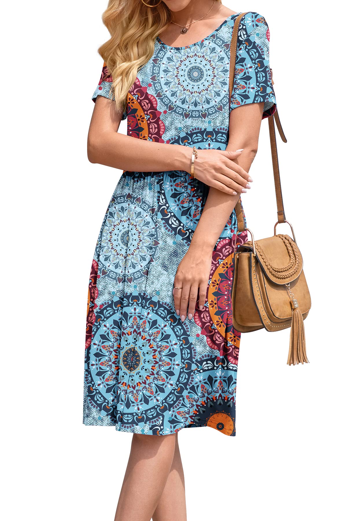 DB MOON Women Summer Casual Short Sleeve Dresses Empire Waist Dress with Pockets (Flower Mix Blue, M)