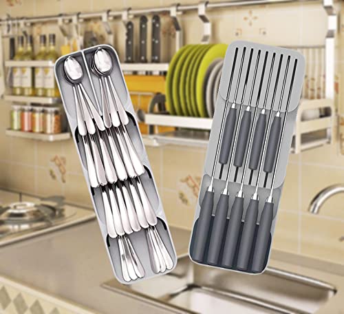 YFSJ Kitchen DrawerStore Tray Knife Holder Drawer and Cutlery Storage Box 2-Piece Set Suitable for Storage of Tableware Spoons, Knives and Forks(Gray)