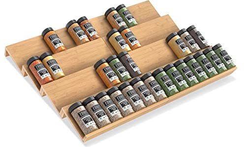FZFHSJ Spice Rack, 4-Tier Large Capacity Insert Spice Organizer for Cabinet Kitchen Drawer Bamboo