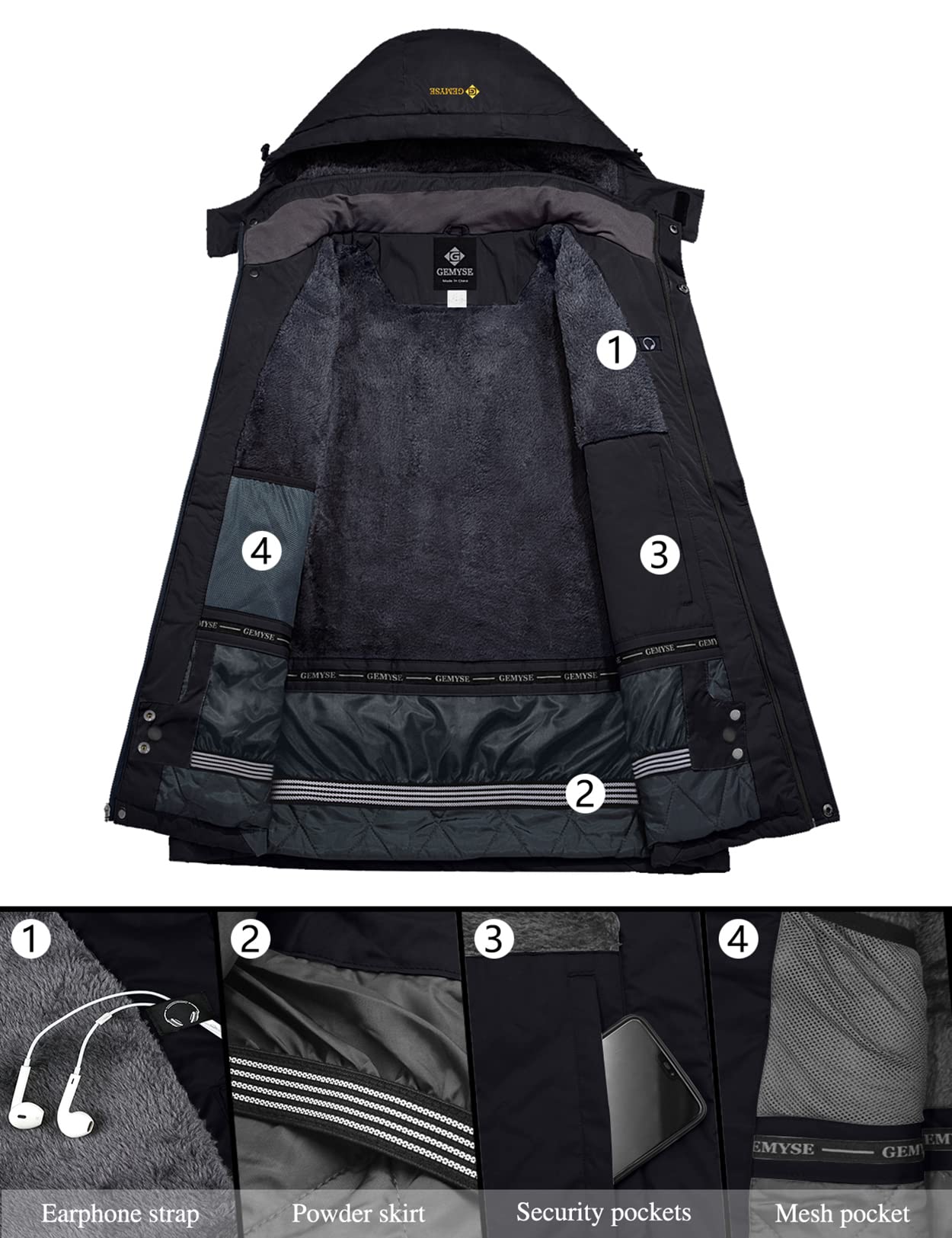 GEMYSE Women's Mountain Waterproof Ski Snow Jacket Rain Winter Jacket Coat Hooded Windproof Parka(Black,Large)