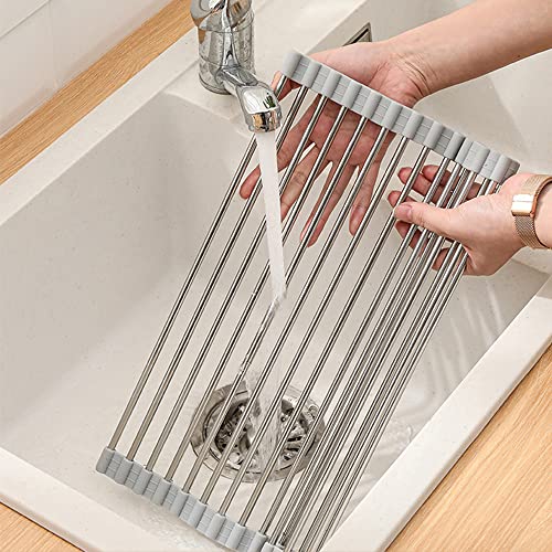 MGahyi Roll Up Dish Drying Rack, Over The Sink Drying Rack, Multipurpose 304 Stainless Steel Silicone Wrapped Steel Roll-Up , Folding Dish Rack for Kitchen Sink (Gray, 17.3" x 13 ")