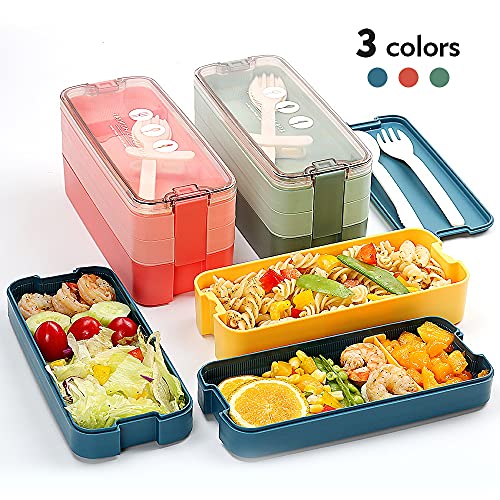 Onanuto Bento Box Adult Lunch Box, 3 in 1 - kids bento box kit with Sandwich Cutters, Microwave Safe Lunch Containers with Lunch Bag Stackable Bento Lunch Box Set (Blue)