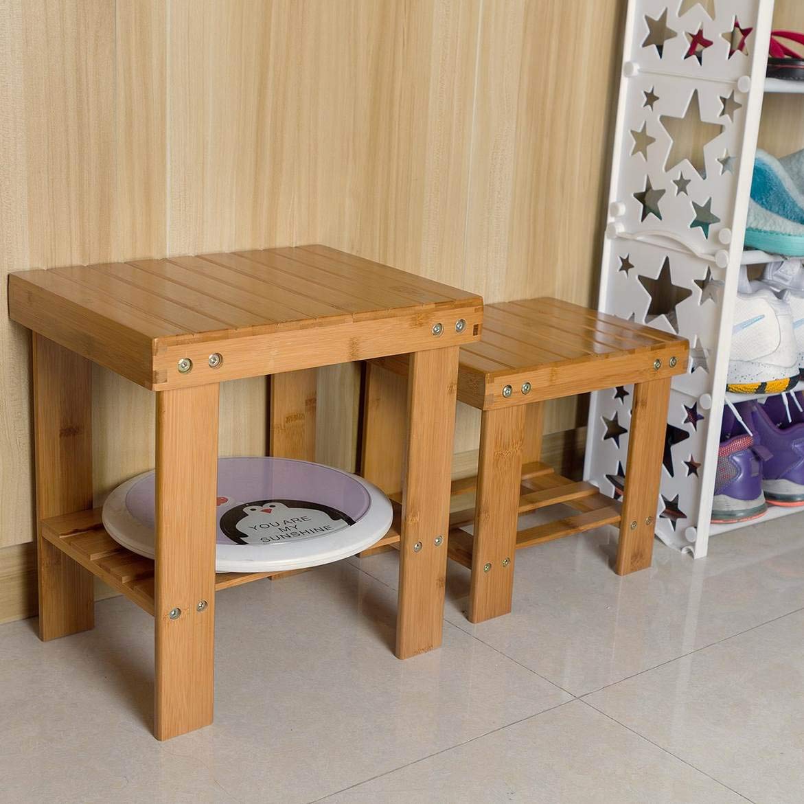 ASelected Bamboo Shower Bench Stool, 10 inch Wooden Foot Step Stool for Bathroom Bedroom Kitchen Mudroom Foyer Entryway Shoe Bench