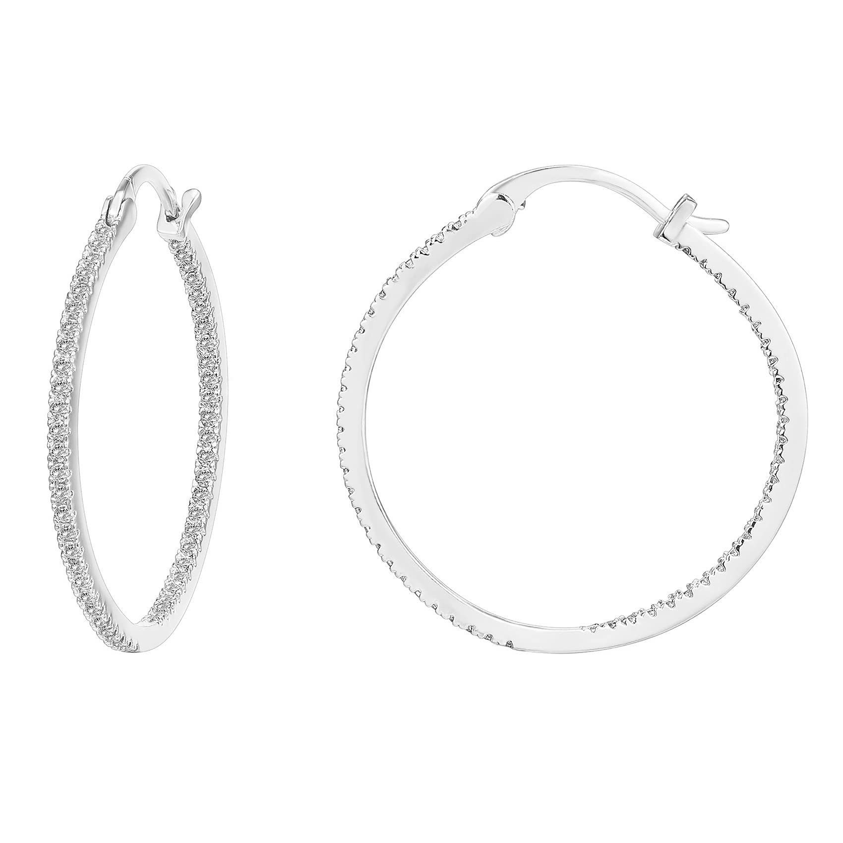 PAVOI 14K Gold Plated 925 Sterling Silver Post Cubic Zirconia Hoop Earrings | Large White Gold Hoops
